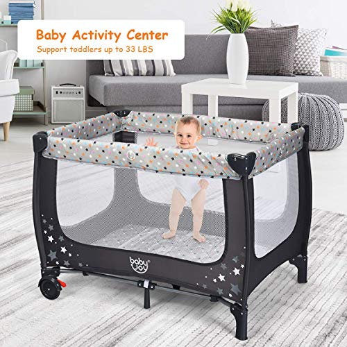 BABY JOY Foldable Baby Playard, Double Layer Pack and Play with Breathable Mattress, Lightweight Installation-Free Home Baby Playpen with Carry Bag, Portable Travel Crib from Newborn to Toddlers