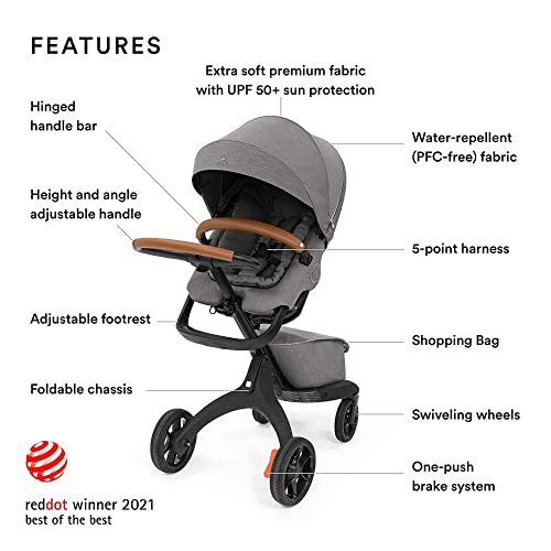 Stokke Xplory X, Modern Grey - Luxury Stroller - Adjustable for Both Baby & Parents’ Comfort - Padding, Harness & Reflective Zipper for Added Safety - Folds in One Step