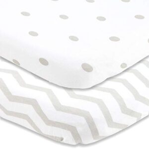 bassinet fitted sheets for baby beside dreamer bedside sleeper and chicco next2me – fits 20 x 33 mattress – snuggly soft jersey cotton – grey polka dots, chevron – 2 pack