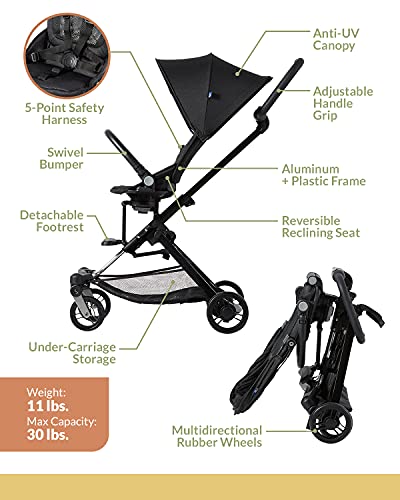 Unilove On The Go 2-in-1 Lightweight and Frame Stroller with Reversible Toddler Seat, Bubble Black