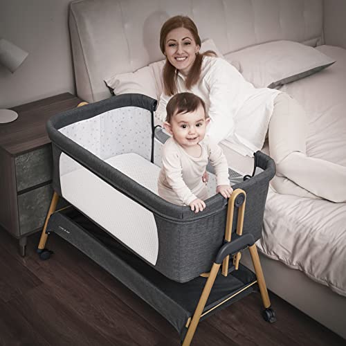 ANGELBLISS Baby Bassinet Bedside Sleeper, Easy Folding Bedside Crib with 100% Breathable & Washable Mattress Baby Bed, 6-Level Adjustable Portable Bassinets for Safe Co-Sleeping for Newborn Infant