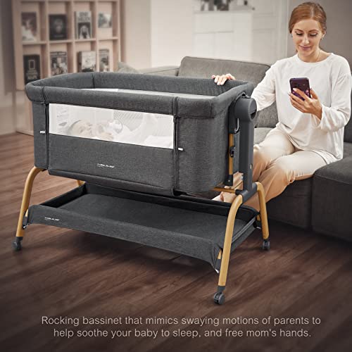 ANGELBLISS 3 in 1 Baby Bassinet, Rocking Bassinets Bedside Sleeper with Comfy Mattress and Wheels, 6 Height Adjustable Easy Folding Portable Bedside Crib for Newborn Infant