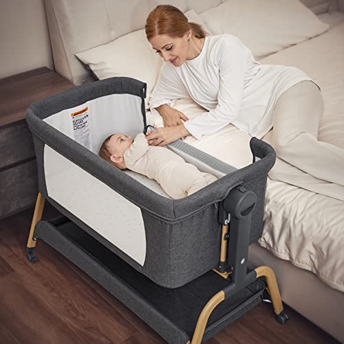 ANGELBLISS 3 in 1 Baby Bassinet, Rocking Bassinets Bedside Sleeper with Comfy Mattress and Wheels, 6 Height Adjustable Easy Folding Portable Bedside Crib for Newborn Infant