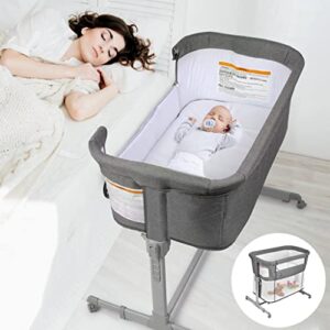 3 in 1 baby bassinet, bedside sleeper, & playpen, easy folding portable crib (grey)- koolababy