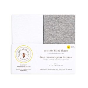 Burt's Bees Baby - Bassinet Sheet, Fitted Unisex Boy Girl 100% Organic Jersey Cotton Bassinet Sheet for Standard Bassinet Mattress (Heather Grey/White, 2-Pack)