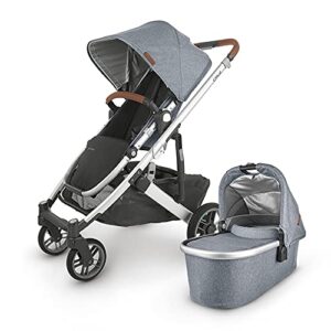 uppababy cruz v2 stroller – gregory (blue marl/silver/saddle leather) + bassinet – gregory (blue marl/silver)