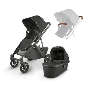 uppababy vista v2 stroller – jake (black/carbon/black leather) + leather handlebar covers for vista, v2 – saddle + leather bumper bar cover for vista, v2, cruz, v2 – saddle