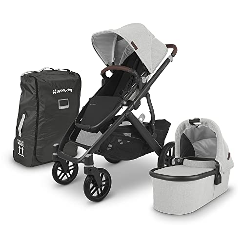 Vista V2 Stroller -Anthony (White & Grey Chenille/Carbon/Chestnut Leather) + Travel Bag for Vista, Vista V2, Cruz, Cruz V2)