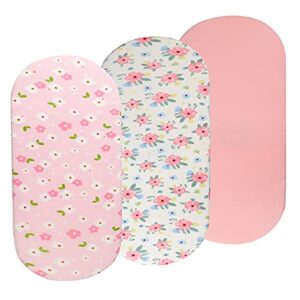 bassinet sheets set 3 pack for baby girl, stretchy soft jersey knitted fitted sheet universal for oval rectangle and hourglass bassinet mattress, pink floral