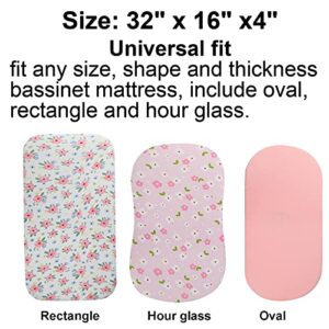 Bassinet Sheets Set 3 Pack for Baby Girl, Stretchy Soft Jersey Knitted Fitted Sheet Universal for Oval Rectangle and Hourglass Bassinet Mattress, Pink Floral