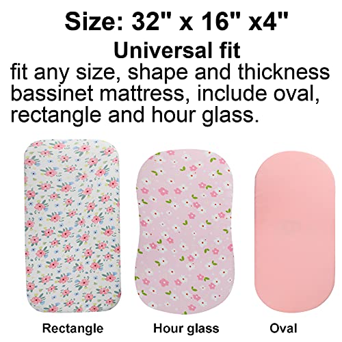 Bassinet Sheets Set 3 Pack for Baby Girl, Stretchy Soft Jersey Knitted Fitted Sheet Universal for Oval Rectangle and Hourglass Bassinet Mattress, Pink Floral