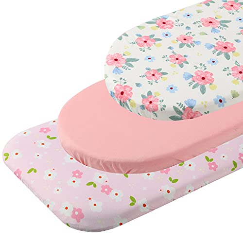 Bassinet Sheets Set 3 Pack for Baby Girl, Stretchy Soft Jersey Knitted Fitted Sheet Universal for Oval Rectangle and Hourglass Bassinet Mattress, Pink Floral