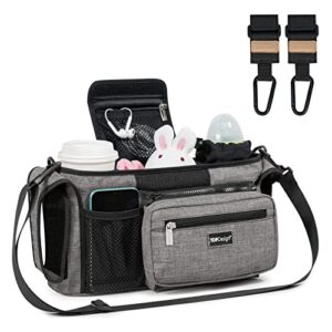 topdesign universal baby stroller organizer, stroller caddy with heightened insulated cup holders & non-slip secure hooks accessories, fits most strollers, machine washable (grey)