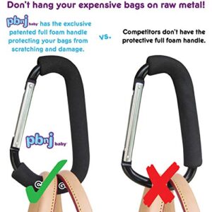 PBnJ baby Stroller Hooks for Hanging Diaper Bags - Mommy Stroller Clip and Stroller Accessories Organizer Hook - Large Carabiner Clips for Mom Purse Shopping Grocery Bag and Accessory - (2 Pack)