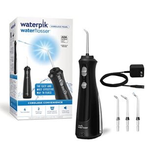 waterpik cordless pearl water flosser rechargeable portable water flosser for teeth, gums, braces care and travel with 4 flossing tips, ada accepted, wf-13 black