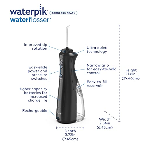 Waterpik Cordless Pearl Water Flosser Rechargeable Portable Water Flosser for Teeth, Gums, Braces Care and Travel with 4 Flossing Tips, ADA Accepted, WF-13 Black