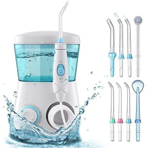 dental water flosser, oral irrigator, 10 adjustable pressure teeth cleaner, 8 interchangeable jet tips, 600 ml capacity for tooth cleaning, waterproof leakproof family(white) 9 piece set