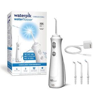 waterpik cordless pearl rechargeable portable water flosser for teeth, gums, braces care and travel with 4 flossing tips, ada accepted, wf-13 white