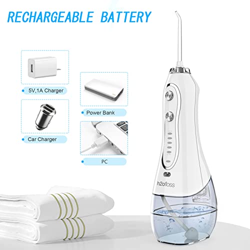 H2ofloss Water Flosser Portable Dental Oral Irrigator with 5 Modes, 6 Replaceable Jet Tips, Rechargeable Waterproof Teeth Cleaner for Home and Travel -300ml Detachable Reservoir (HF-6)