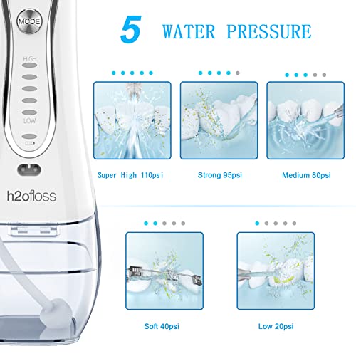 H2ofloss Water Flosser Portable Dental Oral Irrigator with 5 Modes, 6 Replaceable Jet Tips, Rechargeable Waterproof Teeth Cleaner for Home and Travel -300ml Detachable Reservoir (HF-6)