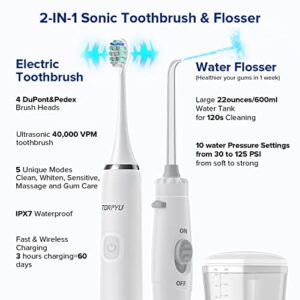 Torpyu Power Toothbrush and Water Flosser Combo, Professional Level Oral Care at Home, 4 Brush Heads and 7 Jet Tips, 600ML Detachable Tank for Healthier Gums (Grey)