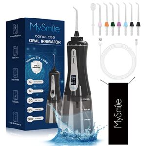 mysmile powerful cordless 350ml water dental flosser portable oled display oral irrigator with 5 pressure modes 8 replaceable jet tips and storage bag for home travel use (black)