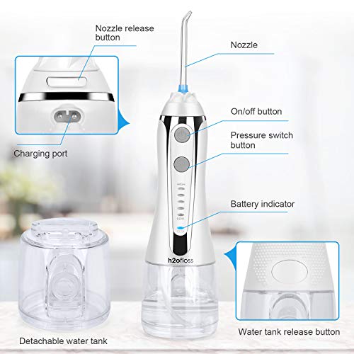 H2ofloss Cordless Water Dental Flosser, Portable Oral Irrigator for Teeth, Braces, Rechargeable & IPX7 Waterproof Teeth Cleaner for Home Travel