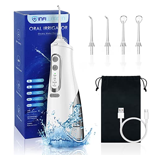 Cordless Water Flosser Teeth Cleaner Dental Oral Irrigator Picks Portable and Rechargeable 310ml Water Tank IPX7 Water Proof for Home and Travel Infiwarden (White)