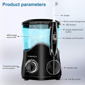 TUREWELL FC162 Water Flosser, Dental Oral Irrigator10 Adjustable Pressure Settings, Electric Water Pick, 8 Replaceable Jet Tips for Whole Families 600ml