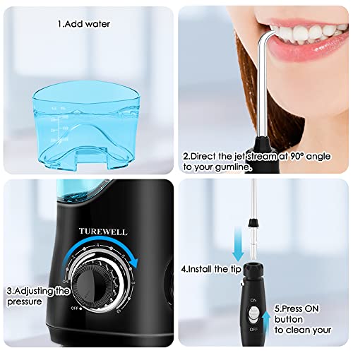 TUREWELL FC162 Water Flosser, Dental Oral Irrigator10 Adjustable Pressure Settings, Electric Water Pick, 8 Replaceable Jet Tips for Whole Families 600ml