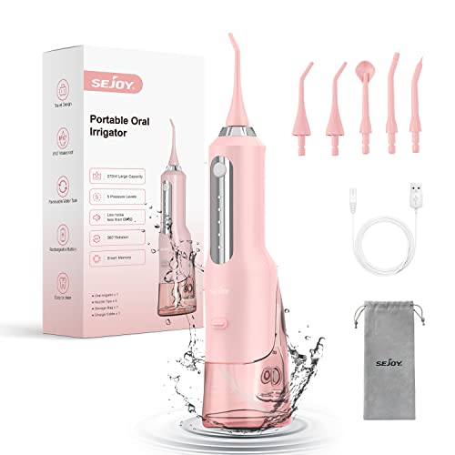 Sejoy Cordless Water Flosser, Water Dental Flosser Water Flossers for Teeth Portable Oral Irrigator Rechargeable for Home Travel Office, 270ML IPX7 Waterproof 5 Cleaning Modes and 5 Jet Tips