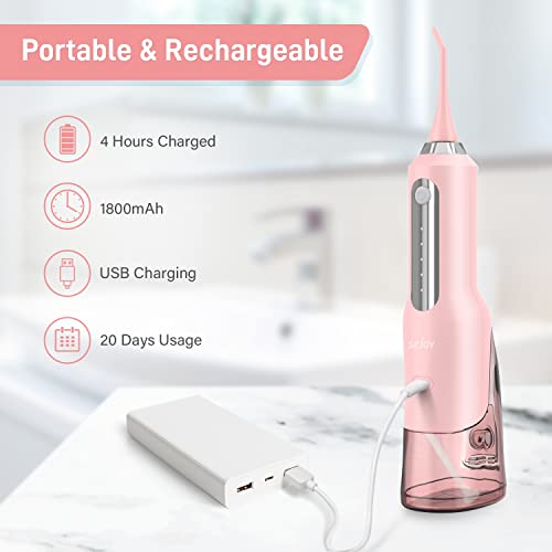 Sejoy Cordless Water Flosser, Water Dental Flosser Water Flossers for Teeth Portable Oral Irrigator Rechargeable for Home Travel Office, 270ML IPX7 Waterproof 5 Cleaning Modes and 5 Jet Tips