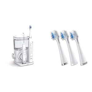 waterpik cc-01 complete care 9.0 sonic electric toothbrush + water flosser, white, medium with triple sonic replacement brush heads, strb-3ww, 3 count, white