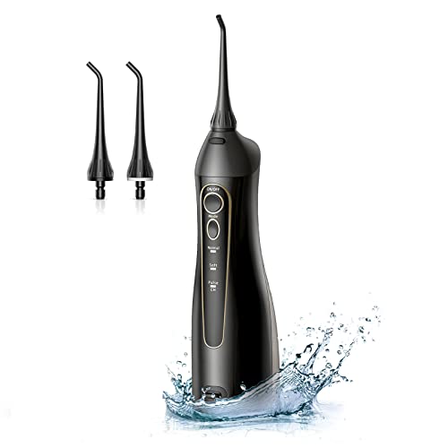 Water Flosser, Cordless Portable Electric Water Flosser for Teeth , 3 Modes and 2 Jet Tips , IPX7 Waterproof, Rechargeable Water Flosser Pick , No Adapter for 21-Days Use , Water Floss (Black)