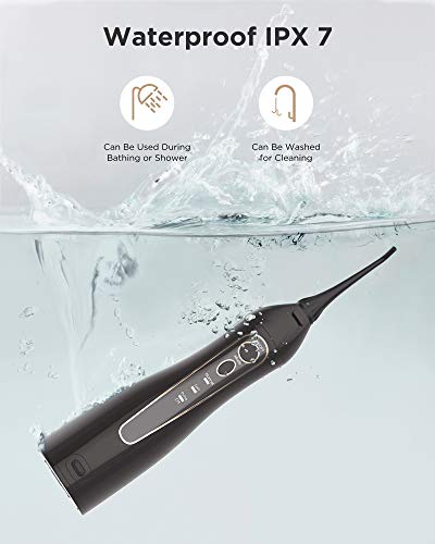 Water Flosser, Cordless Portable Electric Water Flosser for Teeth , 3 Modes and 2 Jet Tips , IPX7 Waterproof, Rechargeable Water Flosser Pick , No Adapter for 21-Days Use , Water Floss (Black)