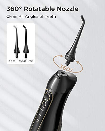 Water Flosser, Cordless Portable Electric Water Flosser for Teeth , 3 Modes and 2 Jet Tips , IPX7 Waterproof, Rechargeable Water Flosser Pick , No Adapter for 21-Days Use , Water Floss (Black)