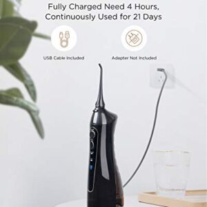 Water Flosser, Cordless Portable Electric Water Flosser for Teeth , 3 Modes and 2 Jet Tips , IPX7 Waterproof, Rechargeable Water Flosser Pick , No Adapter for 21-Days Use , Water Floss (Black)