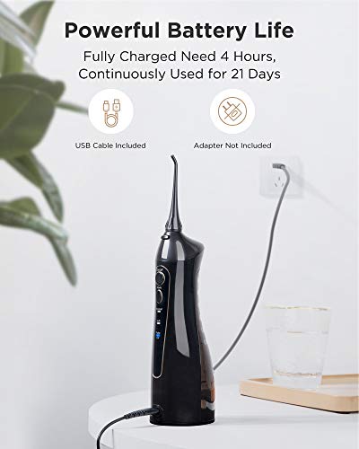 Water Flosser, Cordless Portable Electric Water Flosser for Teeth , 3 Modes and 2 Jet Tips , IPX7 Waterproof, Rechargeable Water Flosser Pick , No Adapter for 21-Days Use , Water Floss (Black)