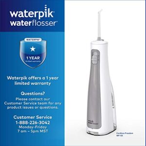 Waterpik Water Flosser Cordless Dental Oral Irrigator for Teeth with Portable Travel Bag and 3 Jet Tips, Cordless Freedom ADA Accepted, WF-03, White