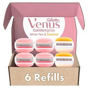 gillette venus womens razor blade refills, venus comfortglide white tea 4 count and venus comfortglide plus olay 2 count, 6 total refills