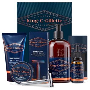 king c. gillette complete men’s beard care gift kit, double edge safety razor, beard and face wash, beard oil, beard balm, shave gel