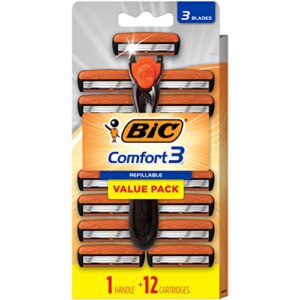 bic comfort 3 refillable three-blade disposable razors for men, sensitive skin razor for a comfortable shave, 1 handle and 12 cartridges with 3 blades, 13 piece razor kit