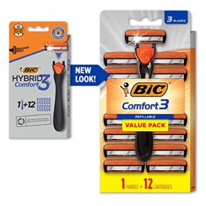 BIC Comfort 3 Refillable Three-Blade Disposable Razors for Men, Sensitive Skin Razor for a Comfortable Shave, 1 Handle and 12 Cartridges With 3 Blades, 13 Piece Razor Kit