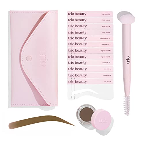 Trio Beauty Original Brow Stencil Kit with 12 Stencils | 15-pc Eyebrow Stamp Stencil Kit with Fully Waterproof Eyebrow Pomade and Dual Ended Sponge Brush | Soft Brown