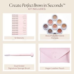 Trio Beauty Original Brow Stencil Kit with 12 Stencils | 15-pc Eyebrow Stamp Stencil Kit with Fully Waterproof Eyebrow Pomade and Dual Ended Sponge Brush | Soft Brown