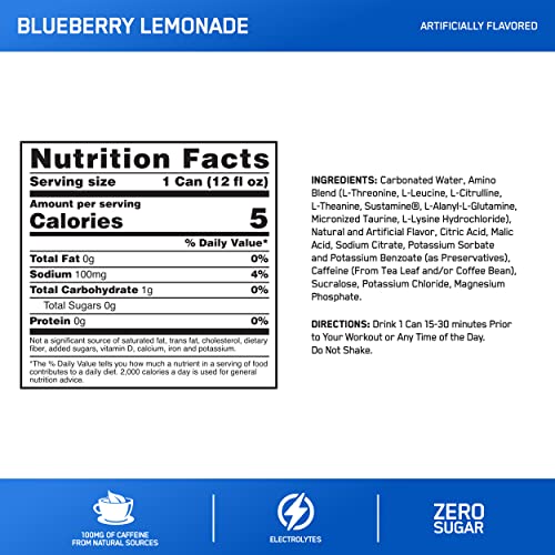 Optimum Nutrition Amino Energy Drink + Electrolytes for Hydration - Sugar Free, Amino Acids, BCAA, Keto Friendly, Sparkling Drink - Blueberry Lemonade, Pack of 12 (Packaging May Vary)