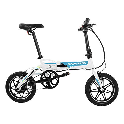 Swagtron Swagcycle EB-5 PLUS Folding Electric Bike with Pedals and Removable Battery, White, 14" Wheels