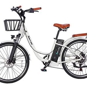 NARRAK 36V 350W 10Ah 26" Step-Thru Electric Bicycle City E-Bike Mountain Bikes Up to 30 Miles Removable Battery, Shimano 7-Speed and Dual Shock Absorber Commuter Bike for Adults (White)