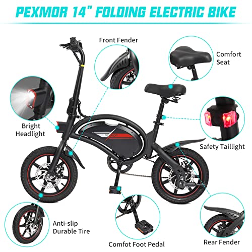 PEXMOR Electric Bike for Adults, 14" Folding Electric Bicycle 350W EBike Throttle & Pedal Assist w/Dual Disc Brake, 36V 6AH Electric Commuter City Foldable Bike w/LCD Display & LED Headlight(Black)