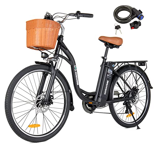 KORNORGE Electric Bike for Adults - 26" City Commuter Ebike, 350W Motor with Removable Battery, Shimano 6-Speed and Dual Shock Absorber, Electric Cruiser Bike with Basket for Female Male. Black